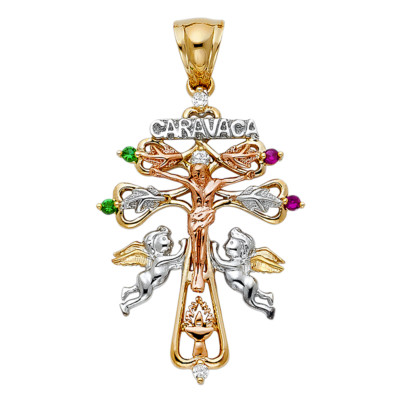 14k Tri color Gold Religious CARAVACA Angel Jesus Cross CZ Charm ...