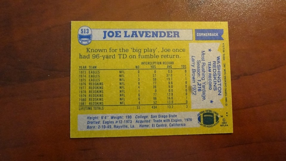 1982 TOPPS # 513 JOE LAVENDER FOOTBAL CARD | eBay