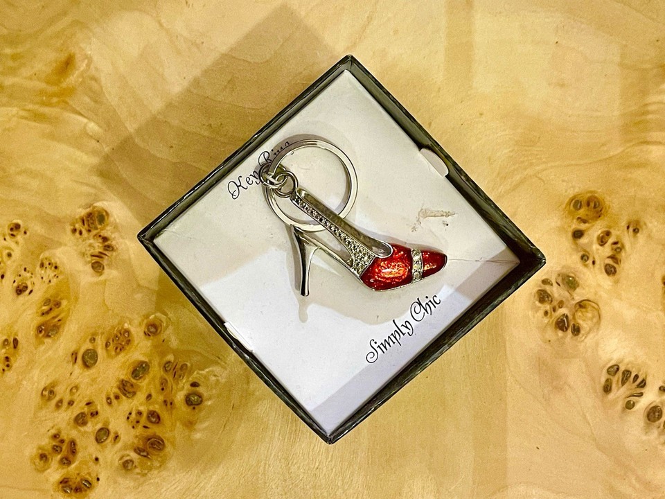 🎅HOT🎁Simply Chic Red & Silver 3D High Heel Bling Key Chain Fob Purse ...