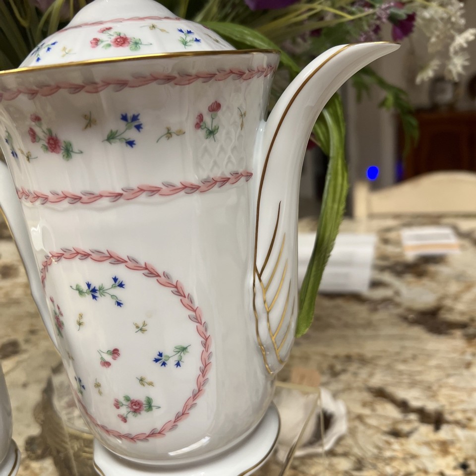 BERNARDAUD VINTAGE LIMOGES “ARTOIS” ROSE COFFEE POT 9”-H & CREAMER 4”-H ...