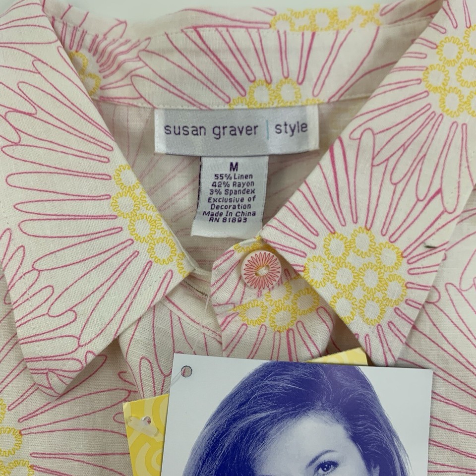 Susan Graver Style Floral Daisy Linen Button Blouse Top Women’s Size ...