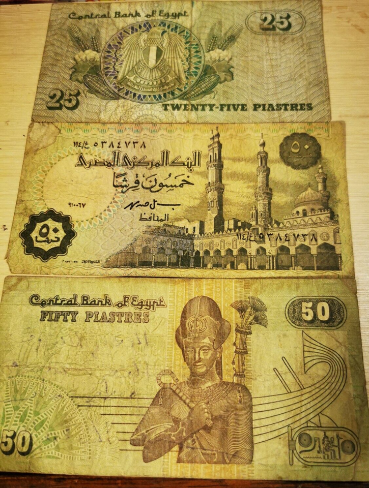 3 x EGYPTIAN NOTES - ALL CIRCULATED - 2x50 PIATRES & 1x25 PIATRES ...
