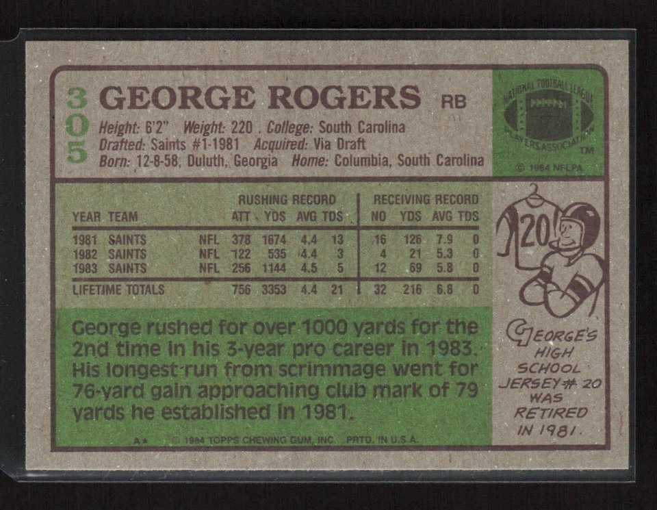 1984 Topps #305 George Rogers New Orleans Saints Near Mint or Better | eBay