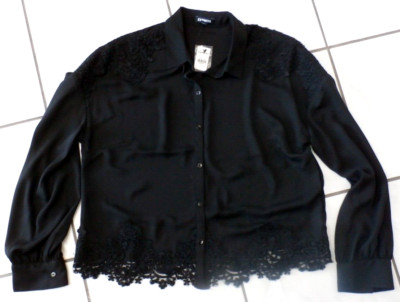 NWT EXPRESS Womens Lace Detail Long Sleeve Blouse Black Size L F68 | eBay