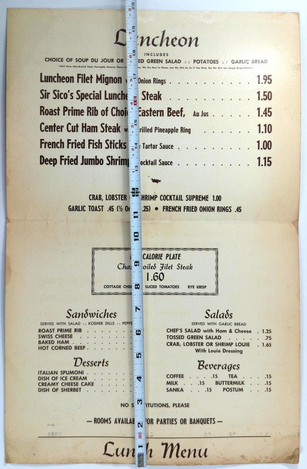 1950's Original Vintage Menu SIR SICO Restaurant Sun Valley CA FRANK ...