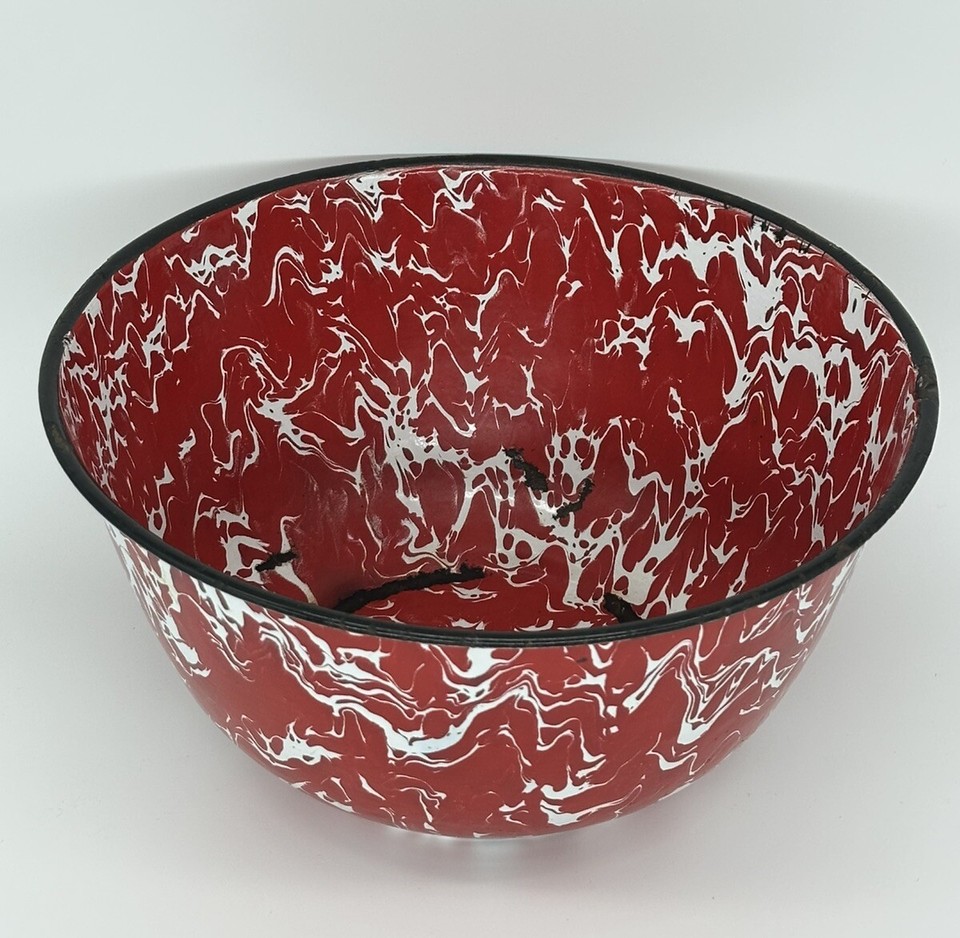 Large Vtg Red Swirl Enamel Splatter Ware Graniteware Bowl 4 Mixing ...