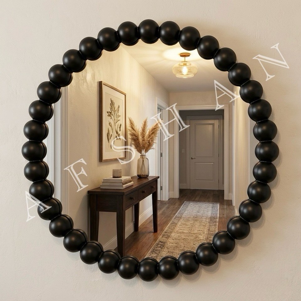 65cm Large Black Round wall Mirror Beaded Frame Boho Accent Wall ...