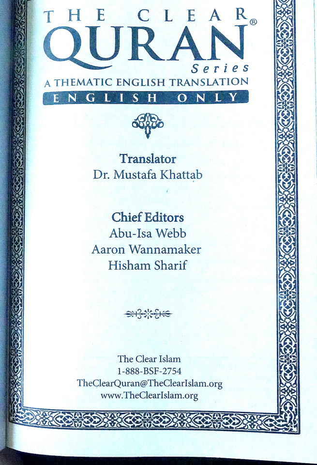 THE CLEAR QURAN Thematic ENGLISH Translation Mustafa KHATTAB PB AS NEW ...