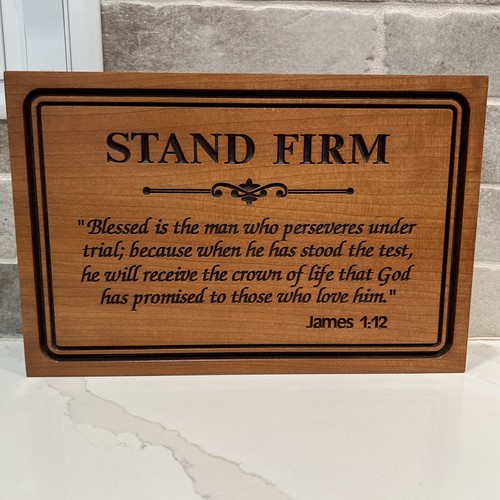 Amish Hand-Carved Cherry Wood Scripture WALL PLAQUE James 1:12 Stand ...