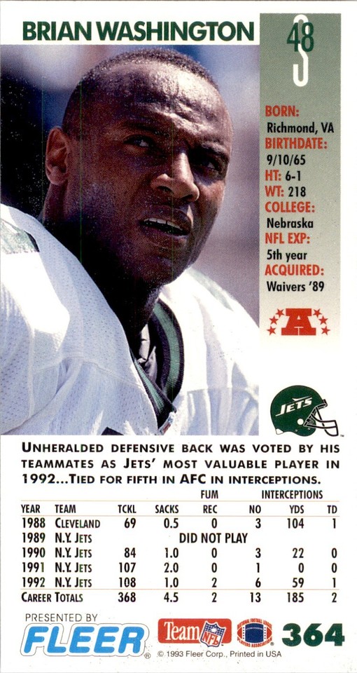 1993 NFL Gameday Tallboy Tall Boy BRIAN WASHINGTON New York Jets #364 | eBay