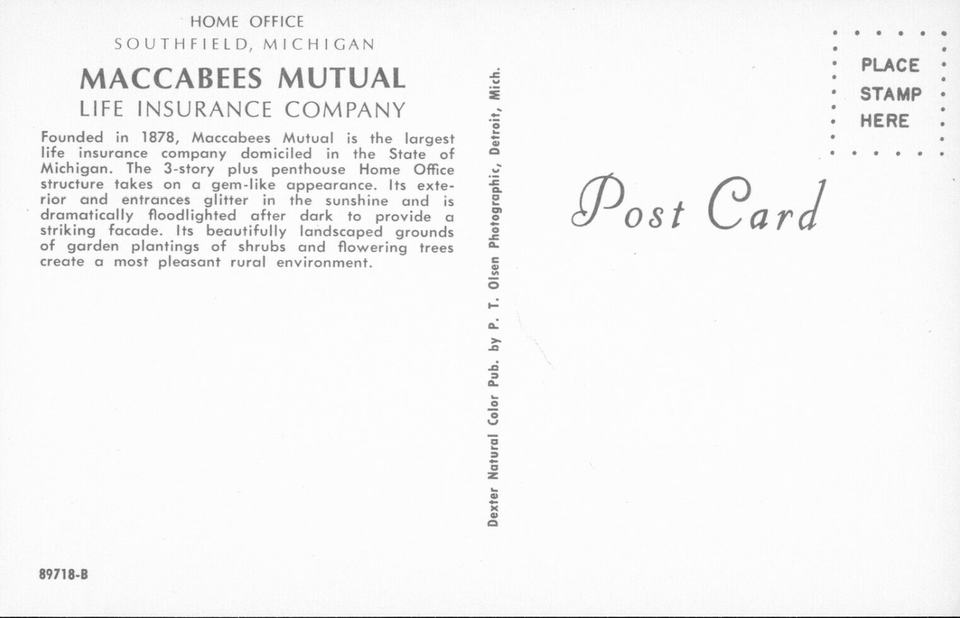 Southfield MI- Michigan, Maccabees Mutual Life Insurance, Vintage ...
