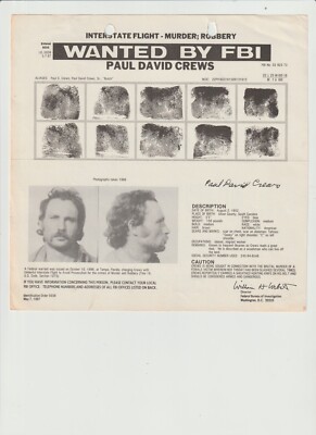 FBI WANTED POSTER PAUL DAVID CREWS-INTERSTATE FLIGHT-MURDER-ROBBERY | eBay
