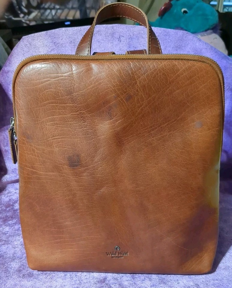 Wild West Los Angeles Cognac Brown Leather Backpack Plaid Interior Card ...