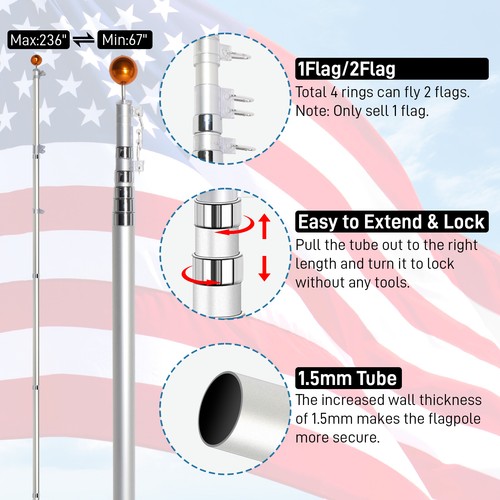 20ft Telescopic Flag Pole Ball Top Kit 16 Gauge 3'x5' Free US American ...