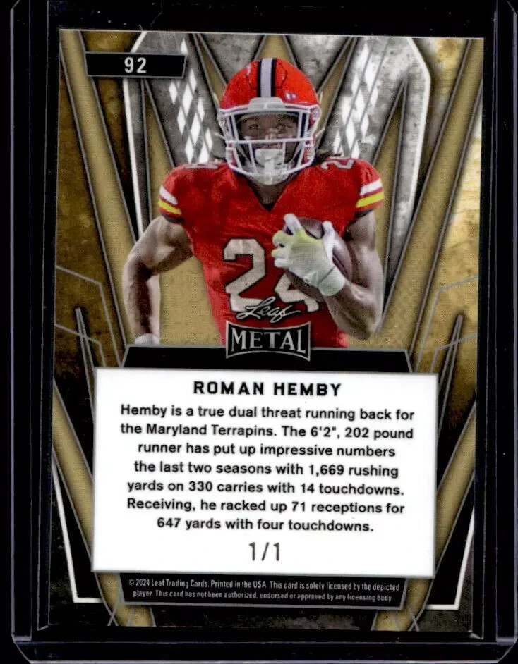 2024 Leaf Metal Roman Hemby Ice Prism one-of-one 1/1 - RB Indiana ...