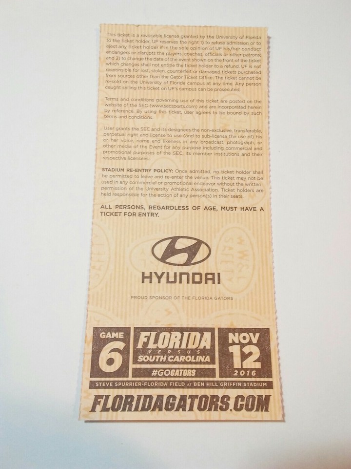 2016 Florida Gators South Carolina Football Ticket Stub | eBay