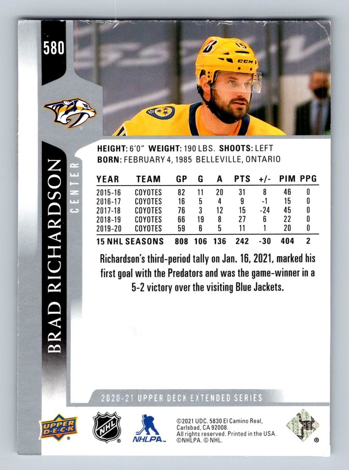 2020 Upper Deck #580 Brad Richardson NM/MT | eBay