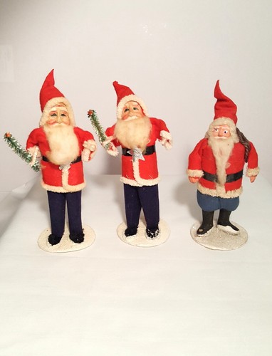 3 VINTAGE 6" FELT COTTON BEARD SANTA CLAUS PAPIER MACHE FACE FIGURINES ...