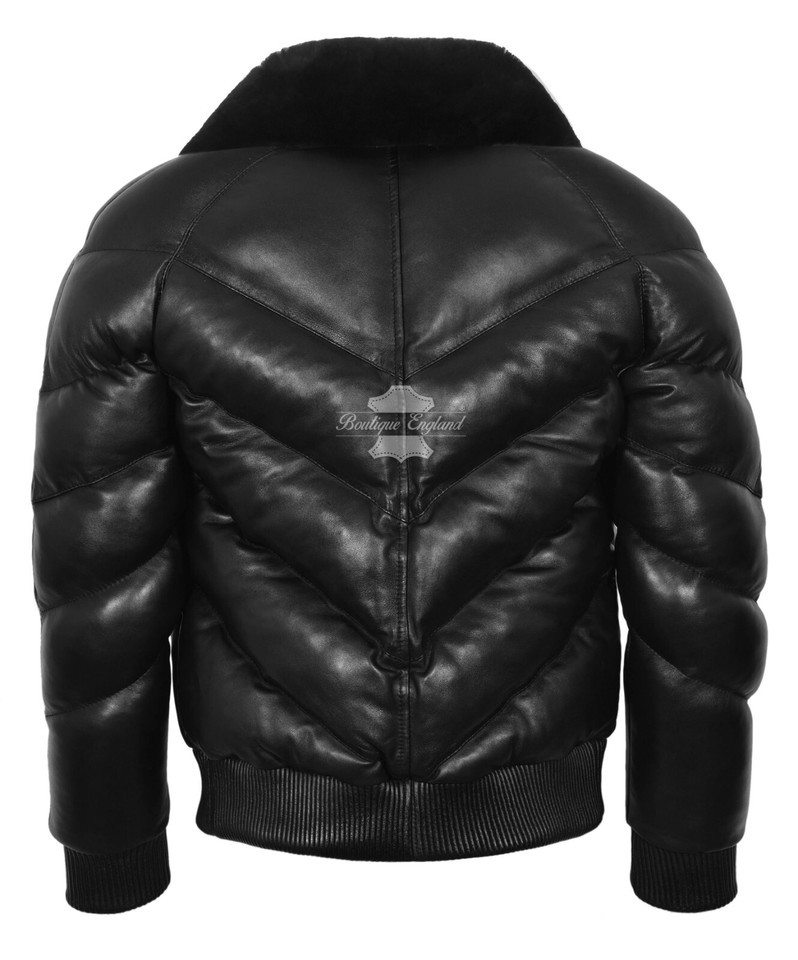Men's Ace Puffer Leather Jacket Black Sheepskin Soft Collar WARM Bomber ...
