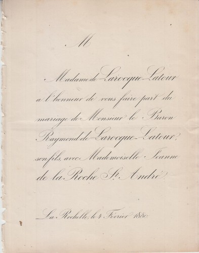 1880 Faire-part mariage Raymond de LAROCQUE-LATOUR & J. de LA ROCHE ...