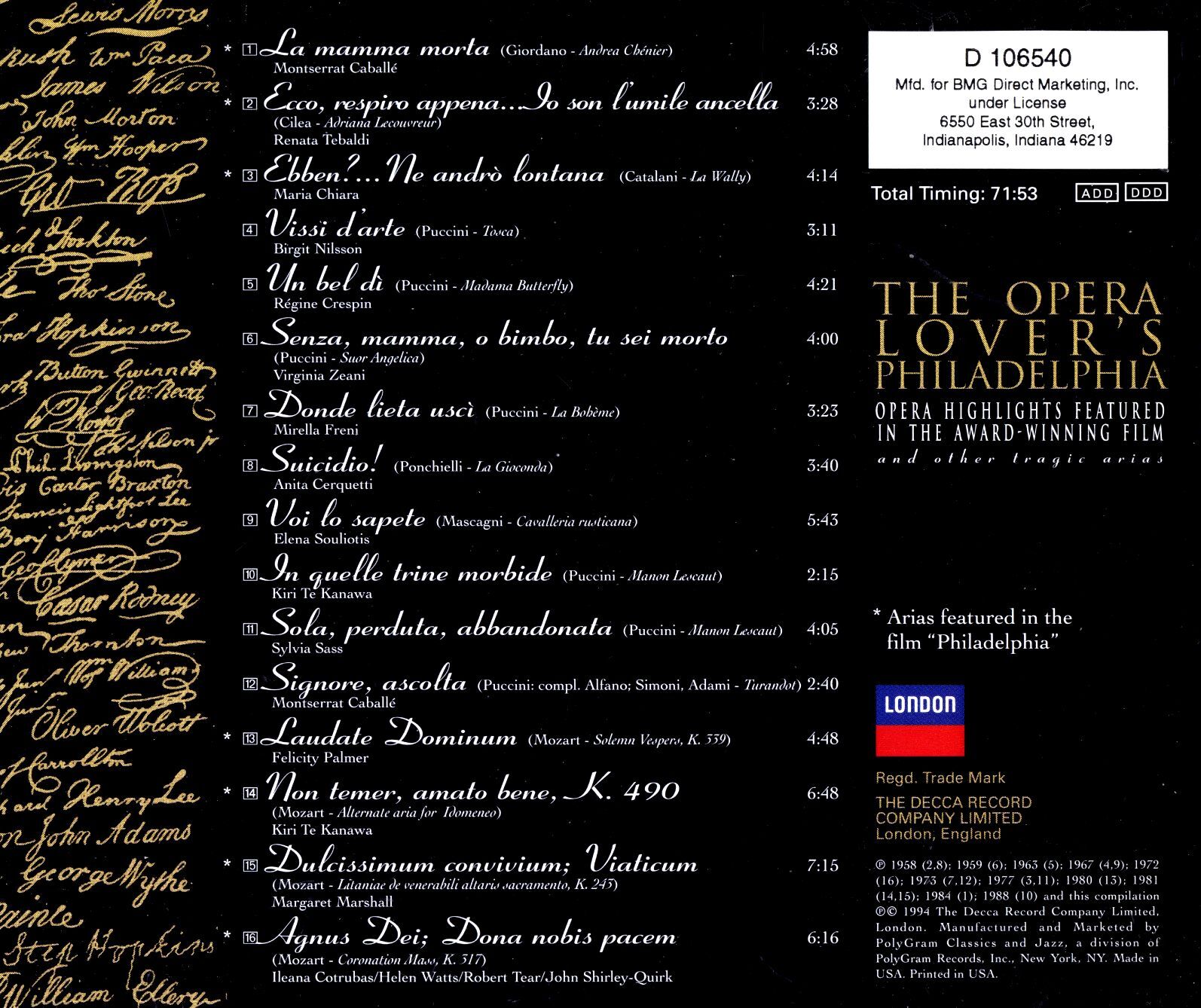 The Opera Lover's Philadelphia - Various Artists (CD, 1994, London/BMG ...