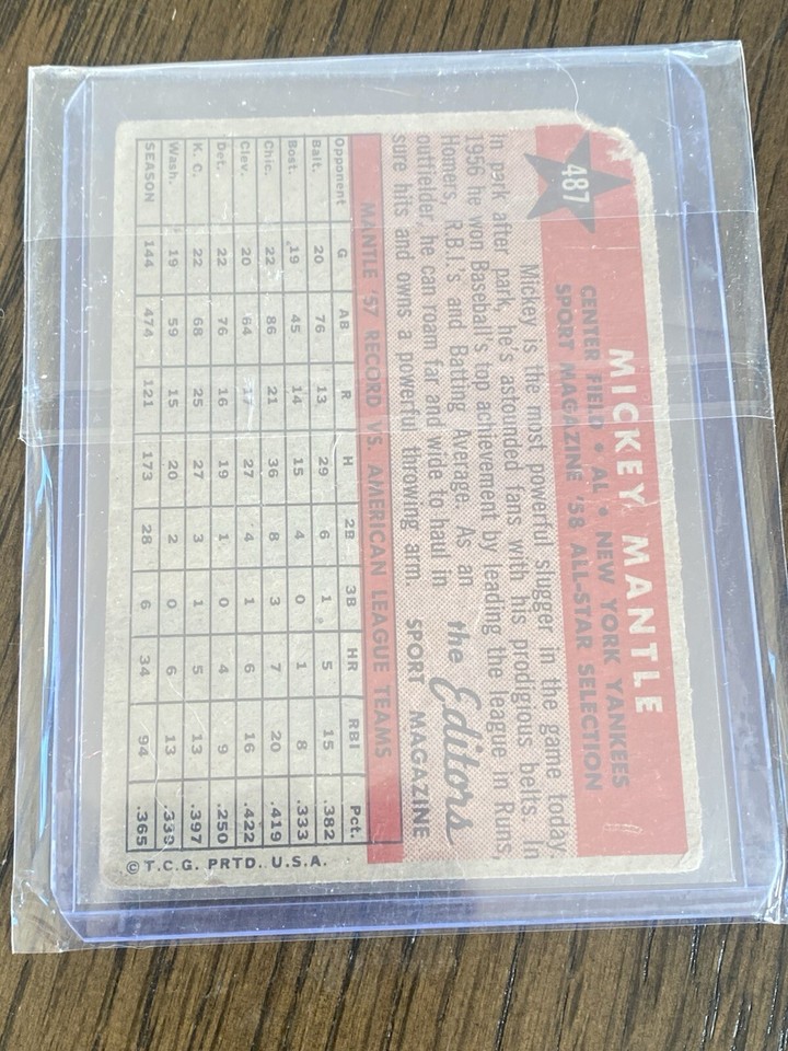 1958 Topps #487 Mickey Mantle New York Yankees HOF Sport Magazine All ...