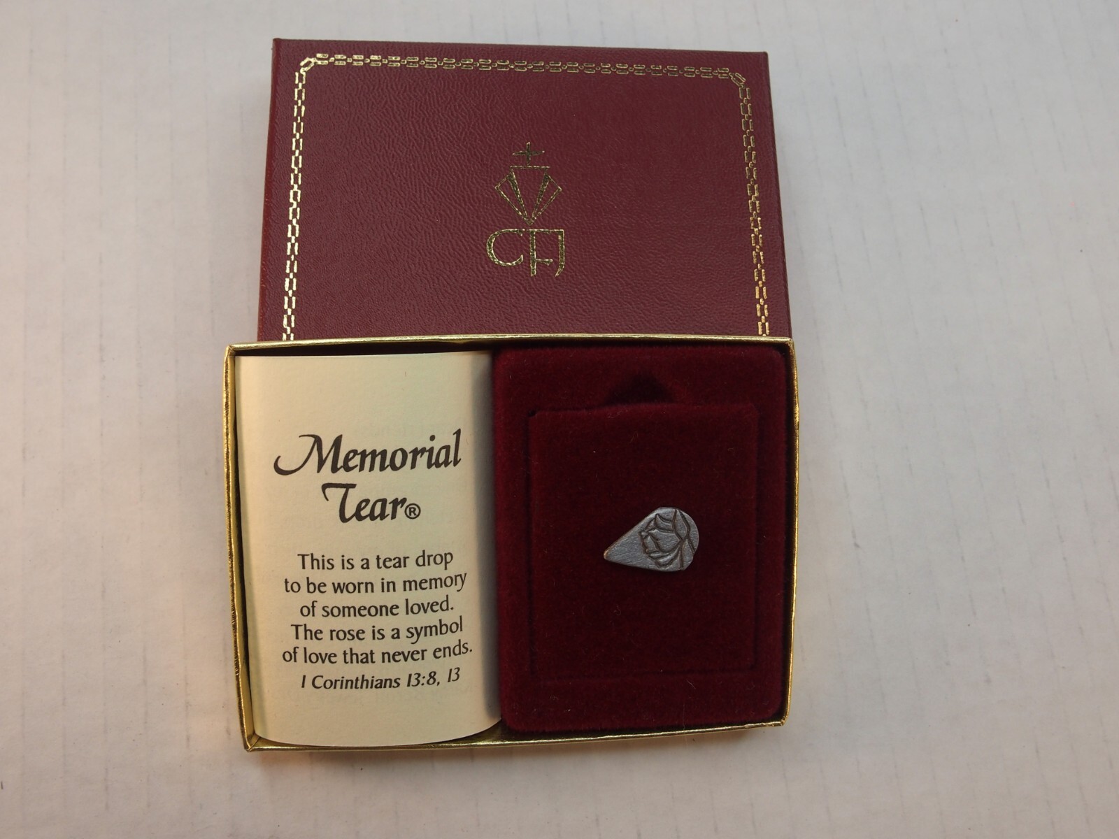 CFJ Memorial Tear Pin Kathy Bernu Signed Rose Teardrop Lapel Pin Pewter ...