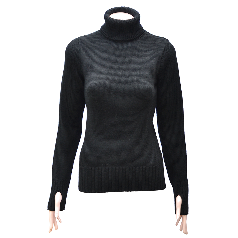 Ladies 100 Merino Wool Fitted Submariner Sweater In Black Roll Neck