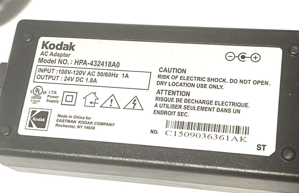 VINTAGE KODAK AC ADAPTER HPA-432418A0 120V AC 1A OUTPUT 24V DC 1.8A HM ...