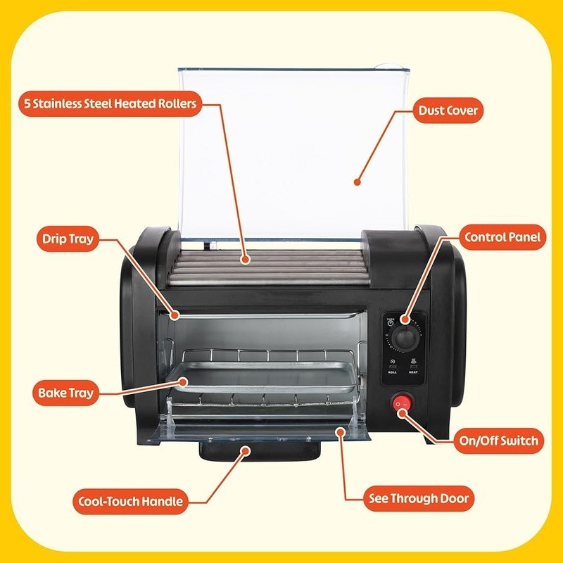 Hot Dog Cooker Roller Grill & Bun Toaster Oven W/ Timer Auto Shutoff ...
