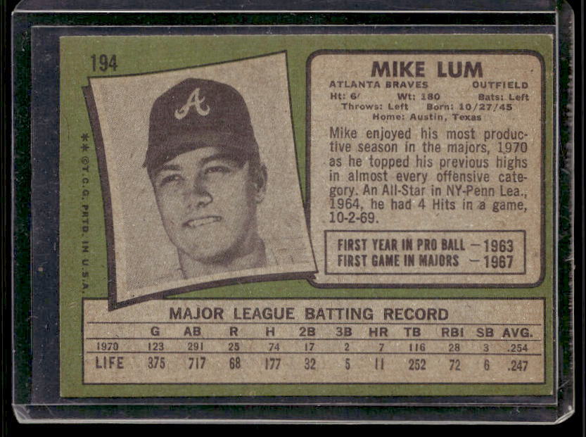 1971 Topps #194 Mike Lum Atlanta Braves EX-MT Baseball Card *A338 | eBay