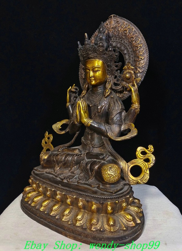 12" Old Tibet Bronze Gilt 4 arms Chenrezig Buddha Avalokiteshvar Buddha ...