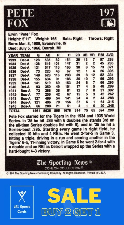 1991 Conlon Collection TSN #197 Pete Fox | eBay