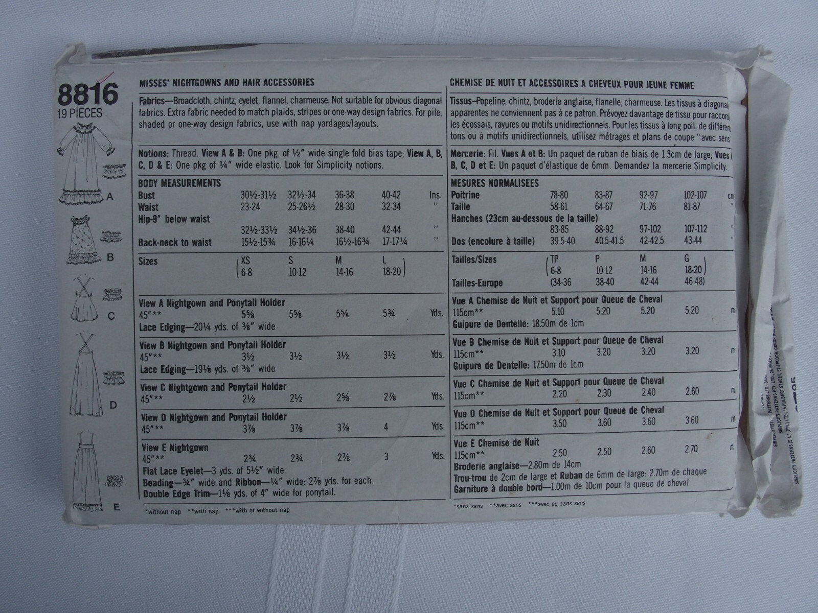 Simplicity 8816 Nightgown Lingerie Hair Accessories XS-S-M-L 6-20 ...