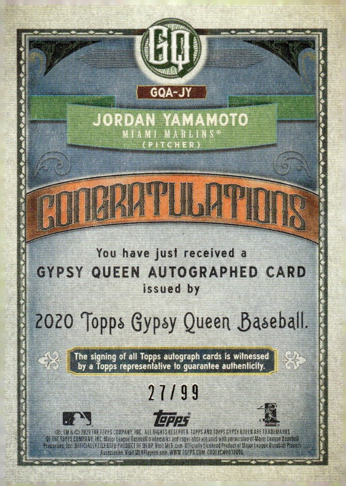 2020 TOPPS GYPSY QUEEN JORDAN YAMAMOTO AUTOGRAPHS BLUE RC 27/99 MIAMI ...
