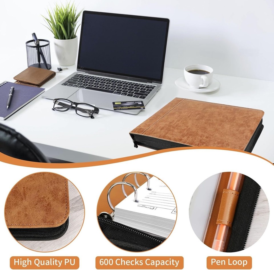 Business Checkbook Binder 7 Ring, PU Leather Check Binder Holds 600 ...