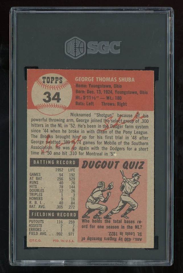 1953 Topps #34 George Shuba SGC 7 NM #5375869 | eBay