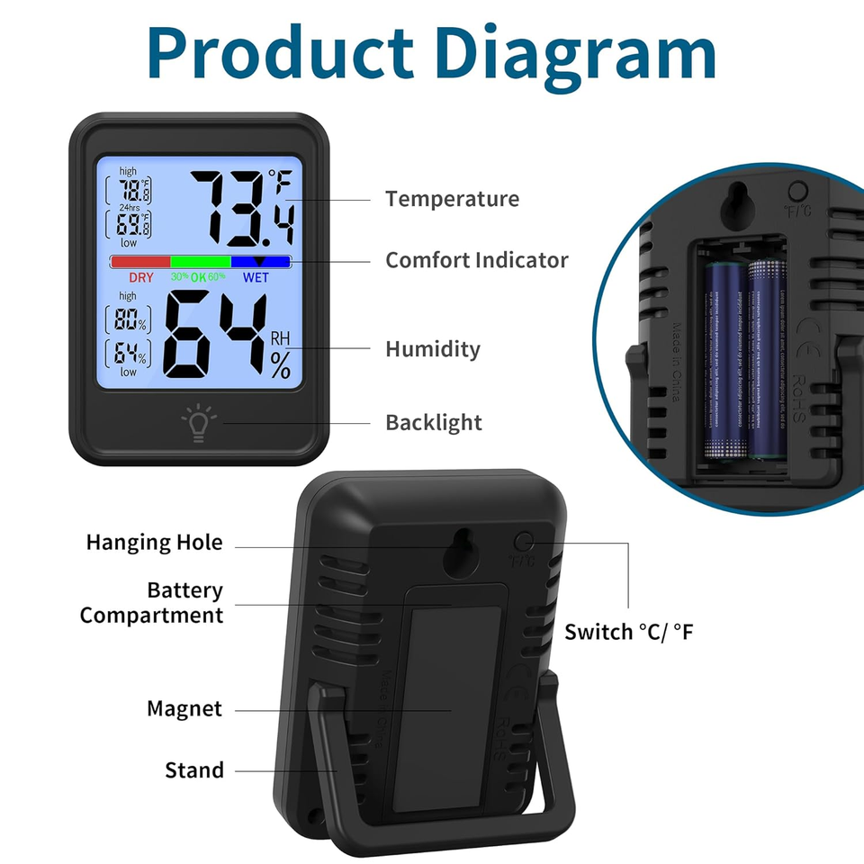 Indoor Digital Thermometer Hygrometer Temp Humidity Gauge with ...