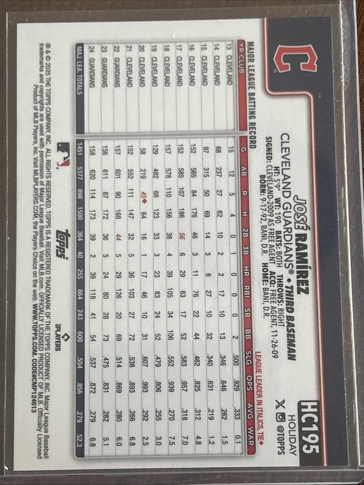 2025 Topps Chrome Holiday- Jose Ramirez # HC195 Blue Refractor /150 | eBay