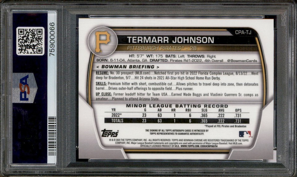 2023 Bowman Chrome Prospect Autograph Blue Termarr Johnson Auto /150 ...