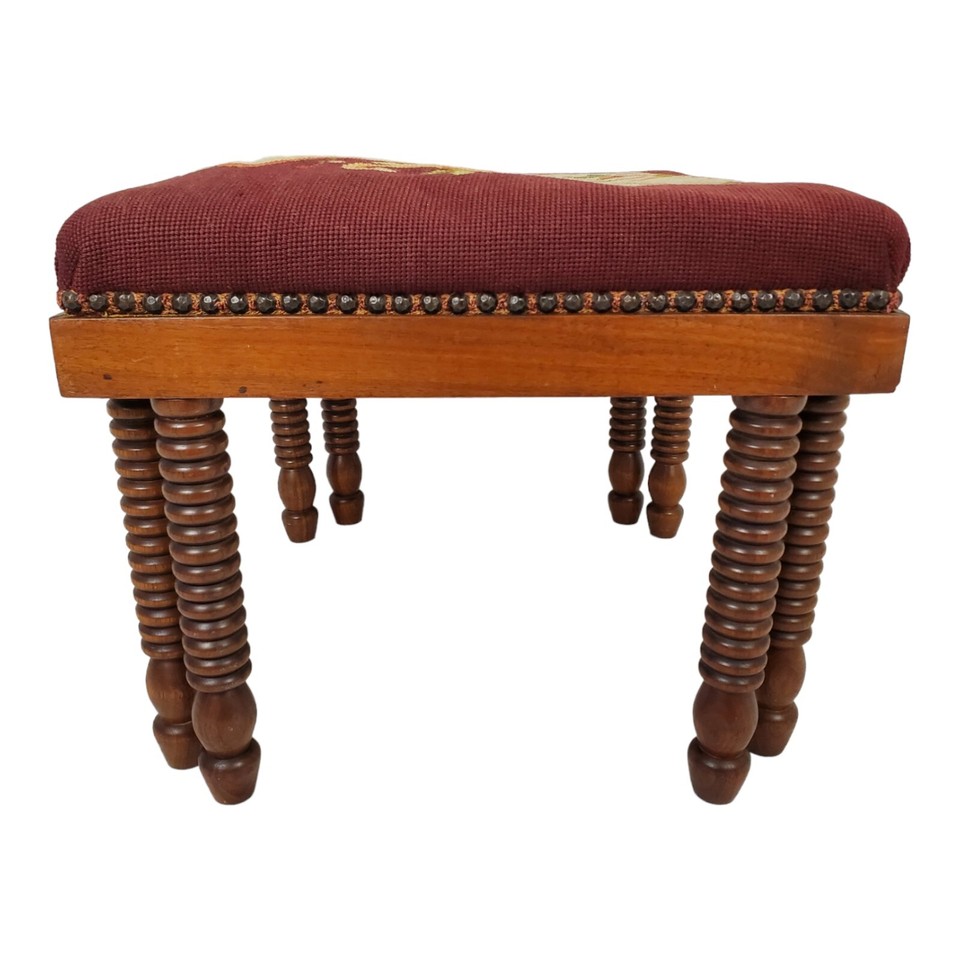 Antique English Oak Needlepoint Ottoman Foot Stool Bench Seat Bobbin ...