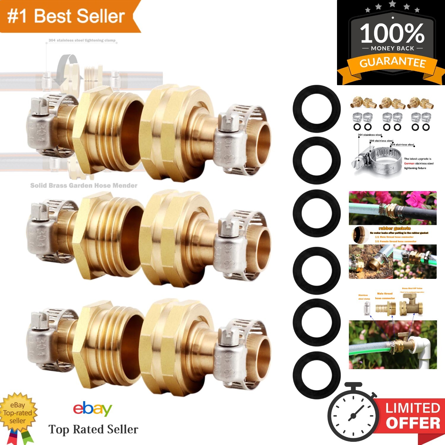 Garden Hose Repair Connector Kit - Solid Brass - Fits 5/8" Hose Fitting ...