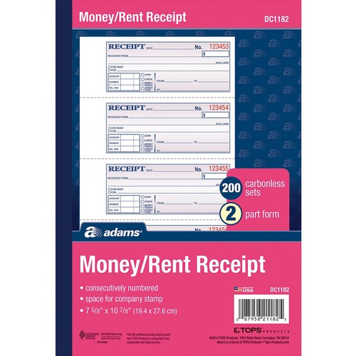 Adams Money/rent Receipt Book - 200 Sheet[s] - Tape Bound - 2 Part ...