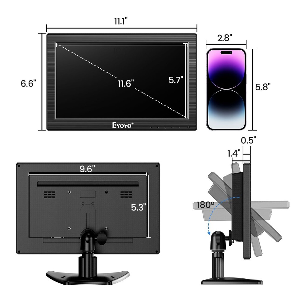 Eyoyo 12" Inch TFT LCD Monitor with AV HDMI BNC VGA Input 1366x768 ...