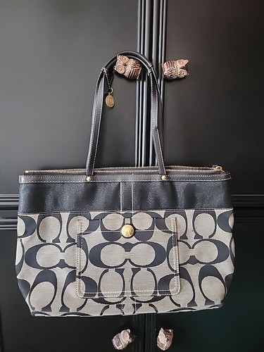 Coach Black And Gray Signature Stripe Tote USED | eBay