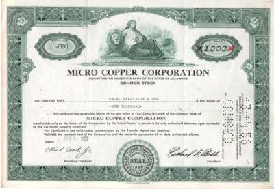 Micro Copper Corp - Original Stock Certificate - 1957 - J990 | eBay