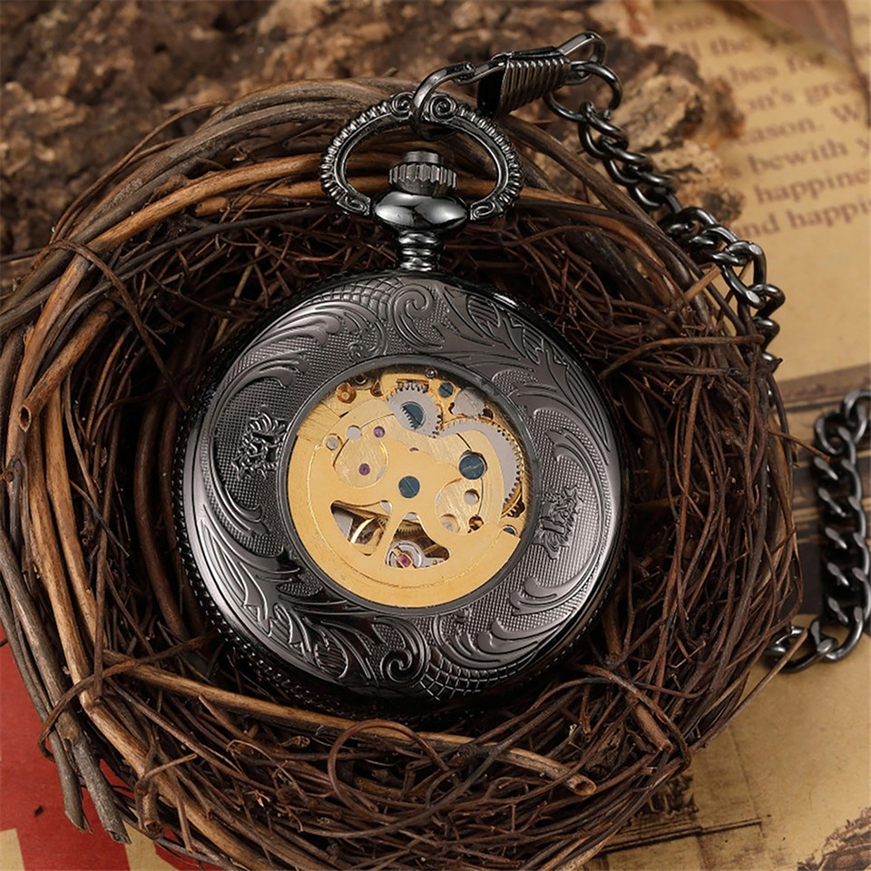 Vintage Skeleton Mechanical Movement Pocket Watch Roman Numerals Dial ...