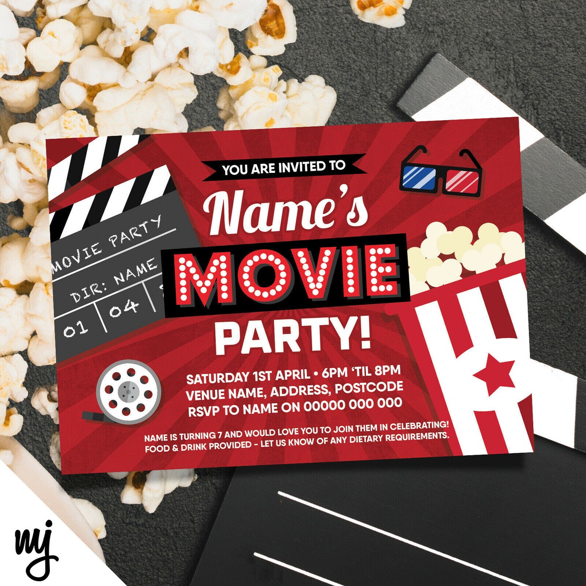 Movie Night Themed Party Invitations