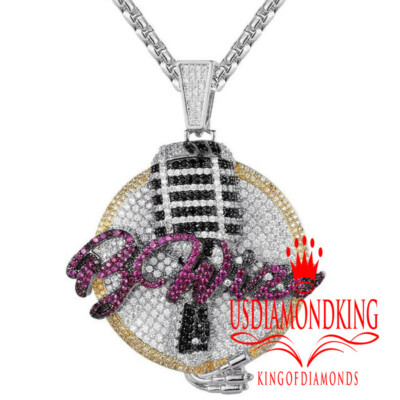 White Gold Tone Be Wize DJ Disc Microphone Sound Rapper Circle Pendant ...