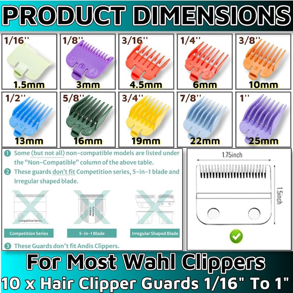 10pcs Professional Hair Clipper Guards for Wahl Guards for Clippers 1/16" to ... | eBay